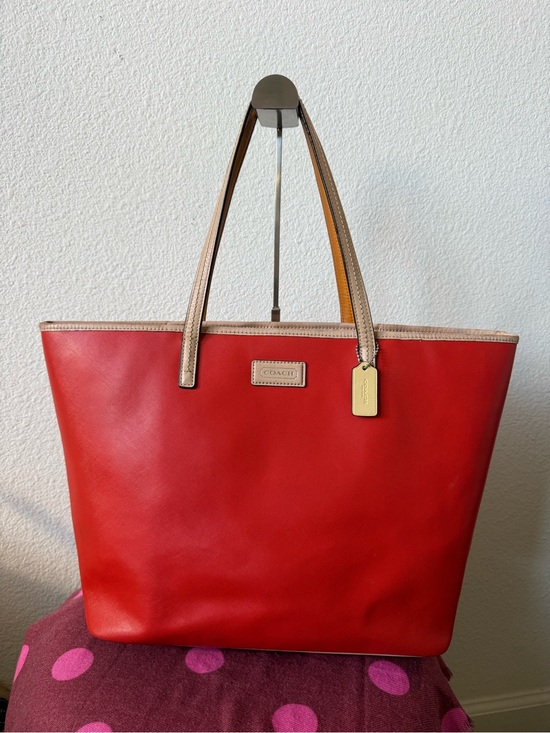 Coach | Bags | Coach F2434 Coral Red Orange Saffiano Leather City Tote ...